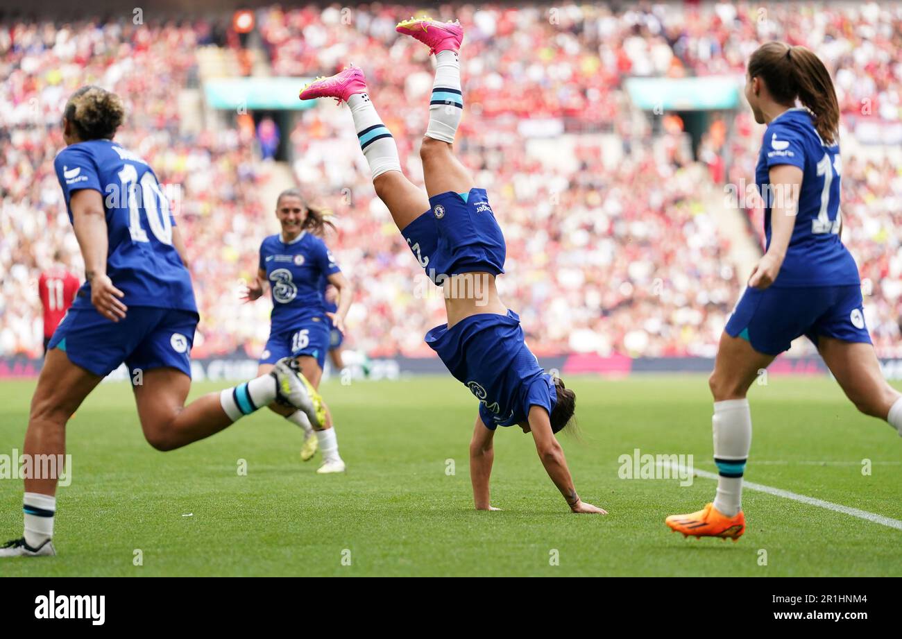 Chelsea's Sam Kerr (centre) celebrates scoring their side's first goal ...