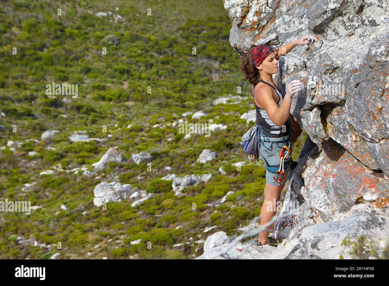 Rock climbing, freedom and challenge with woman on mountain for ...