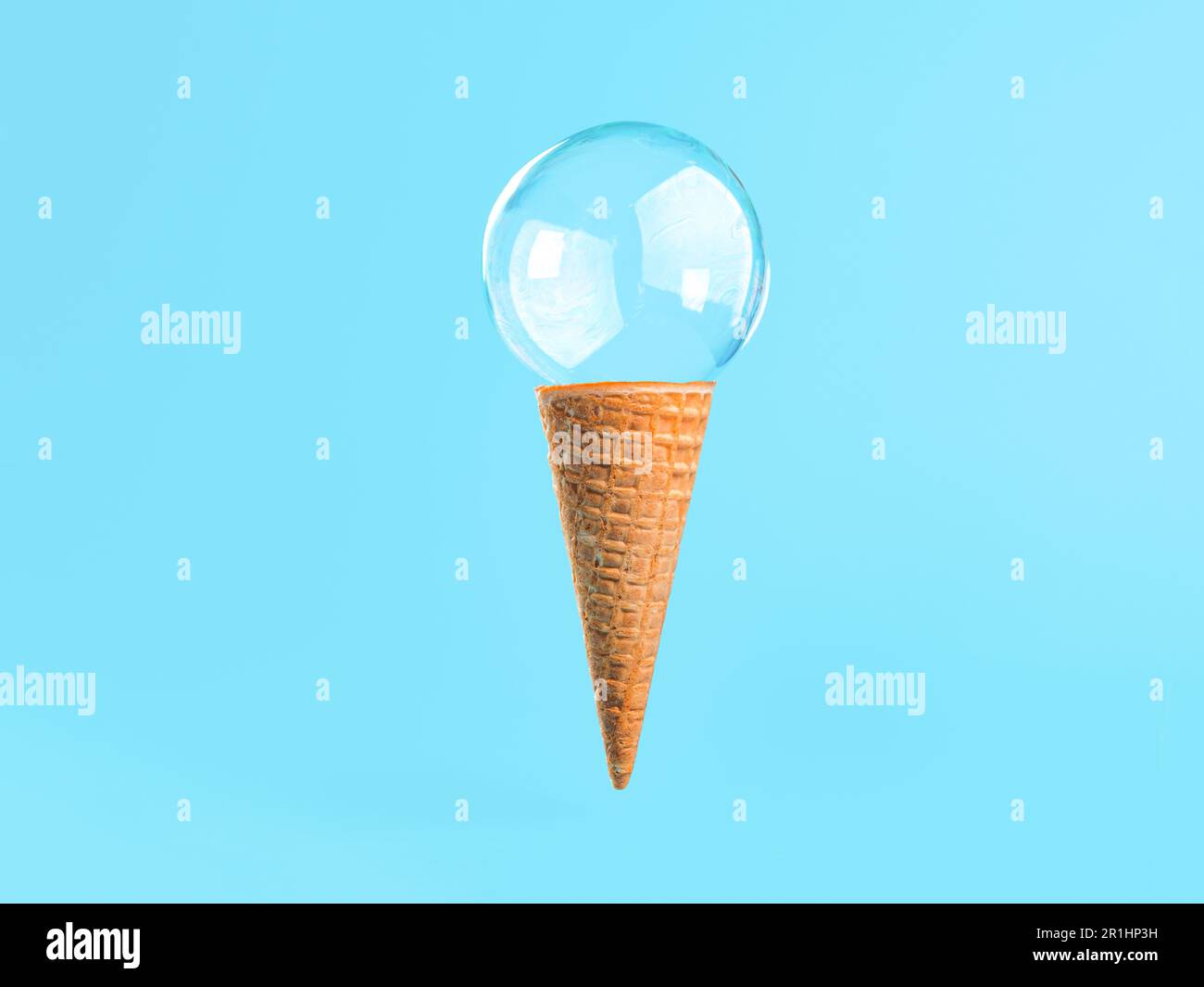 Ice cream cone with soap bubble. Creative layout ice cream in air over ...