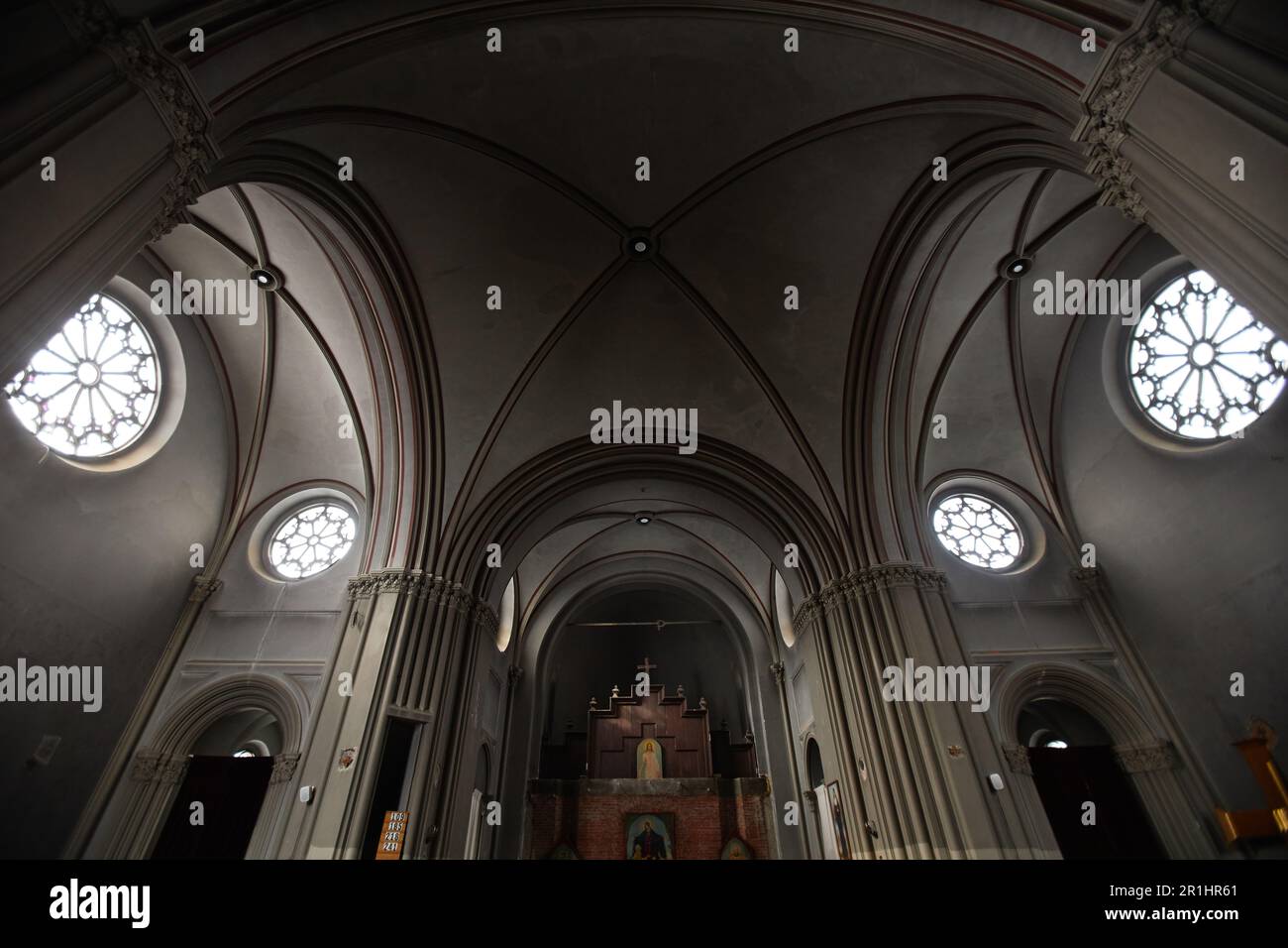 Low angle view of old baptist church with beautiful design and altar in ...