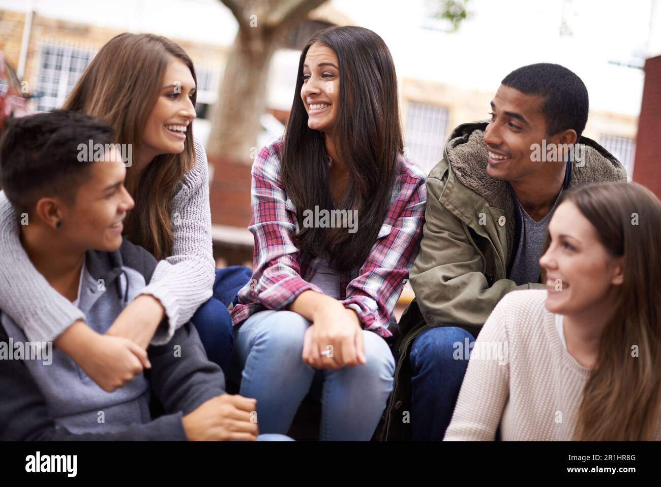 University, community and people chat on campus in conversation ...