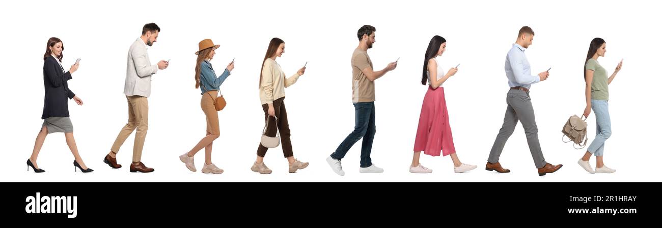 Collage with photos of people wearing stylish outfit walking on white ...