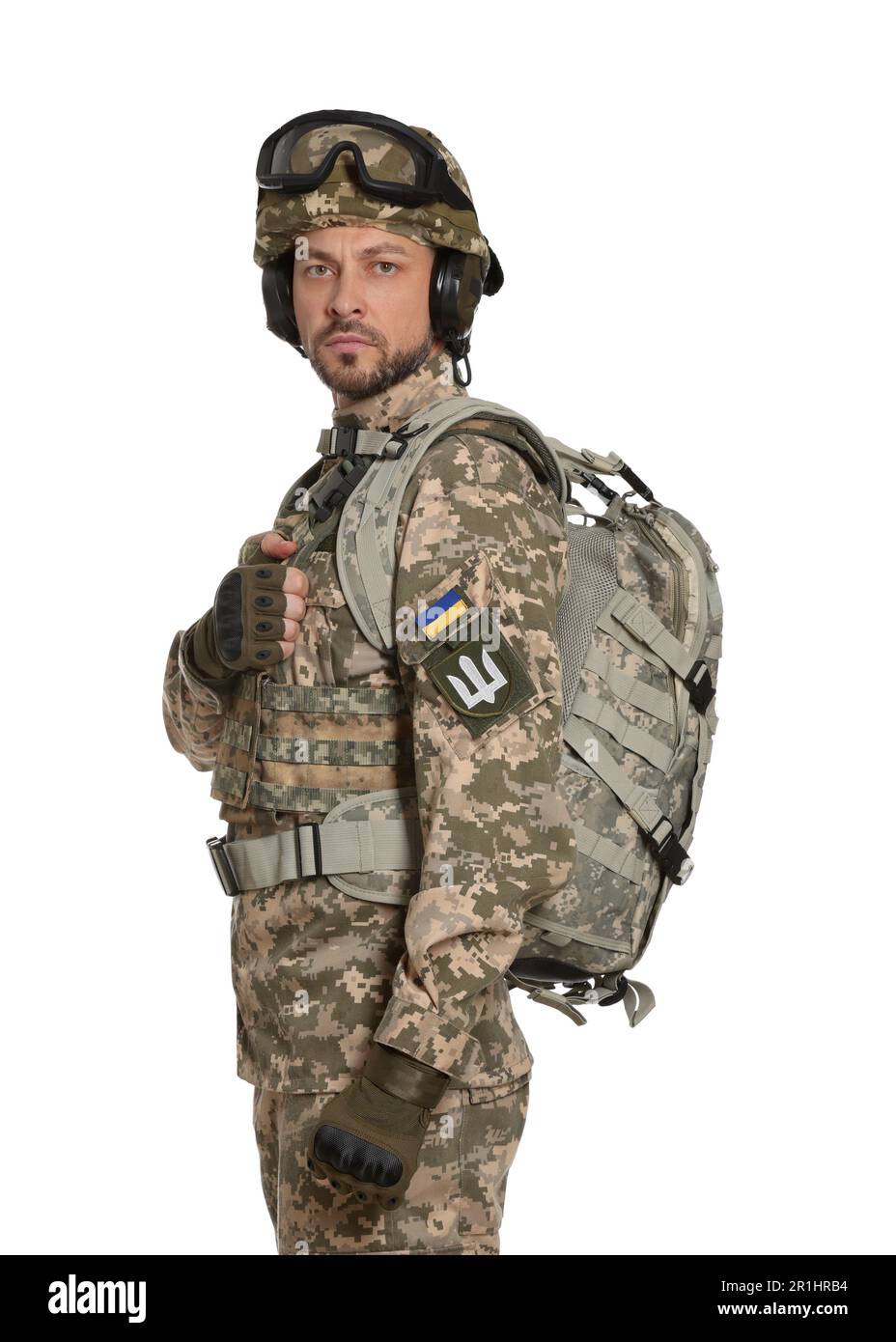 Soldier in Ukrainian military uniform with tactical goggles and ...