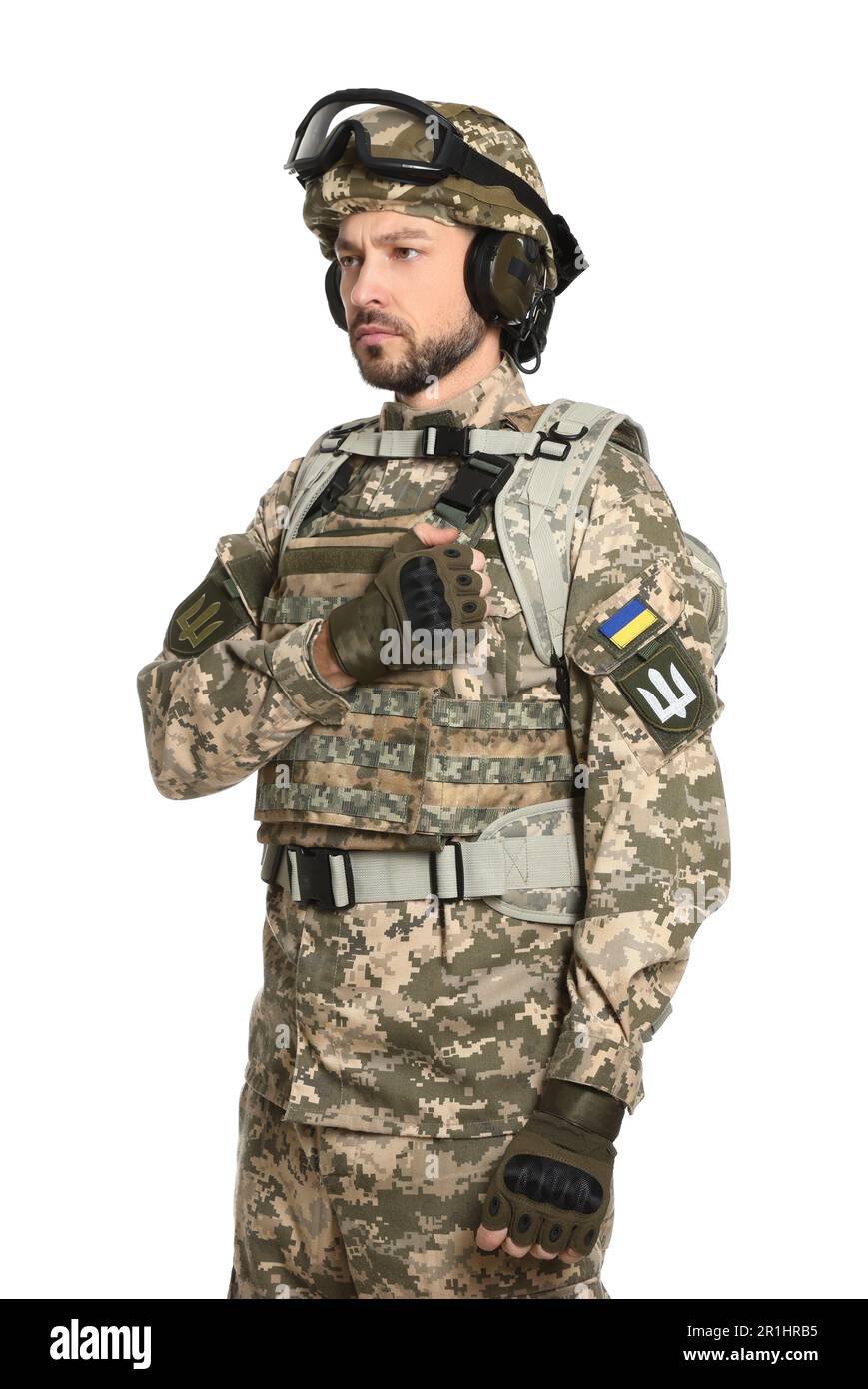 Soldier in Ukrainian military uniform with tactical goggles on white ...