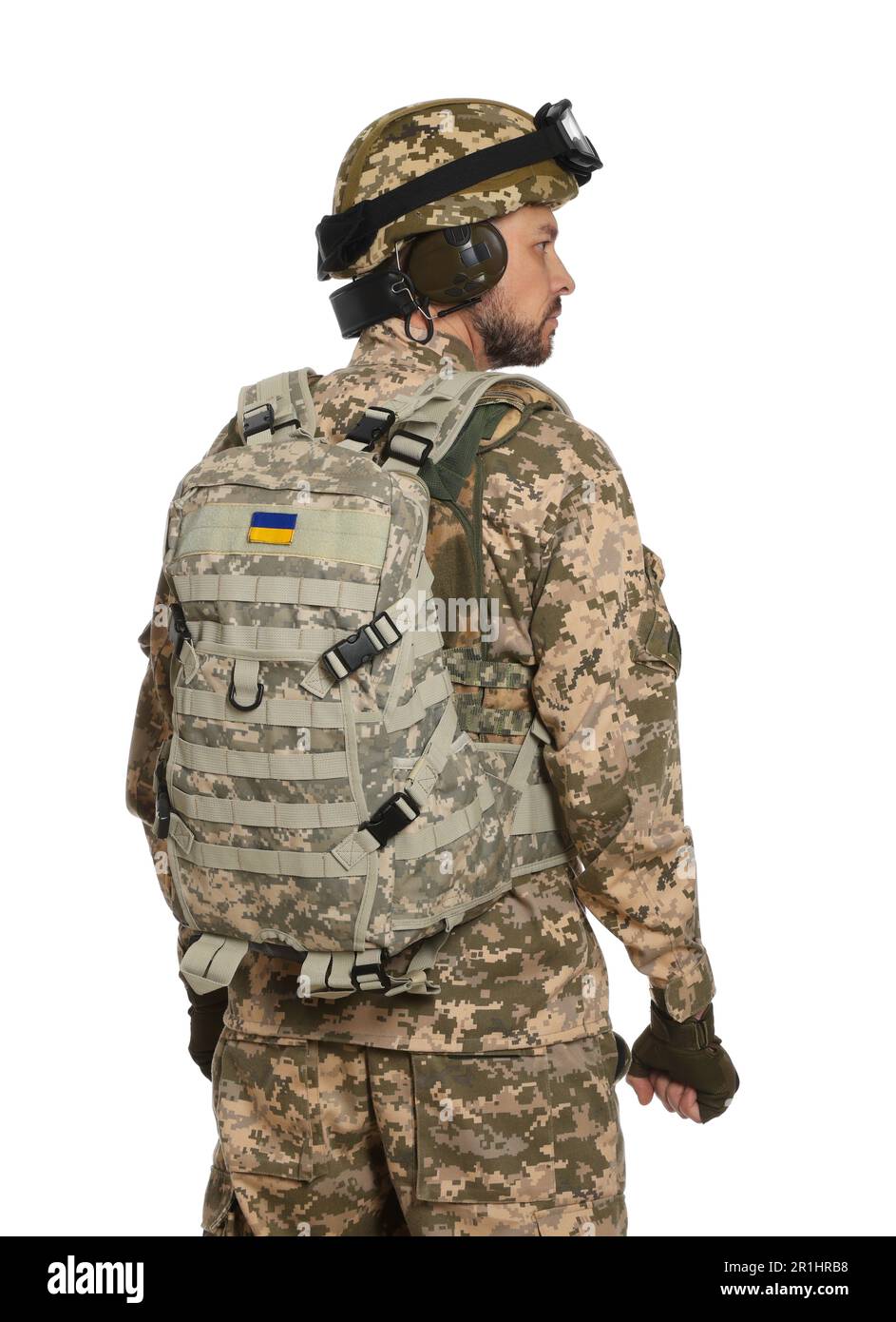 Soldier in Ukrainian military uniform with tactical goggles and ...