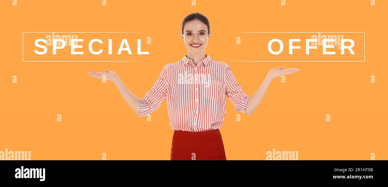 Special offer. Happy seller on orange background, banner design Stock ...