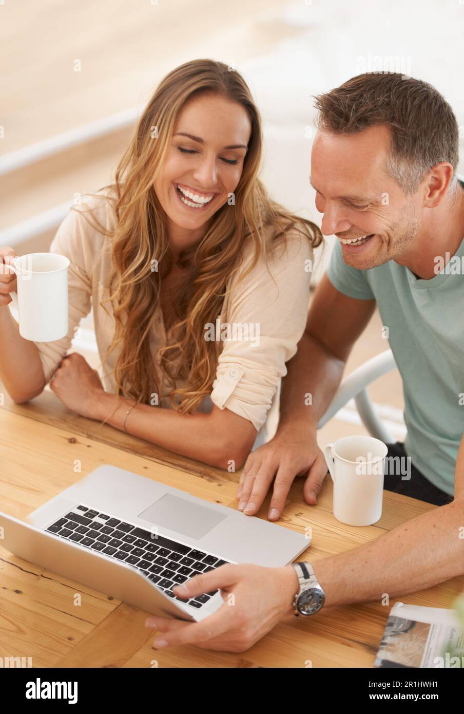 Business people, partner and laptop laughing together for online meme ...