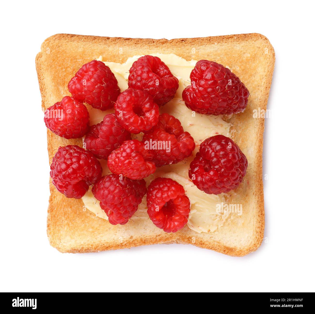 Tasty toast with butter and raspberry isolated on white, top view Stock ...
