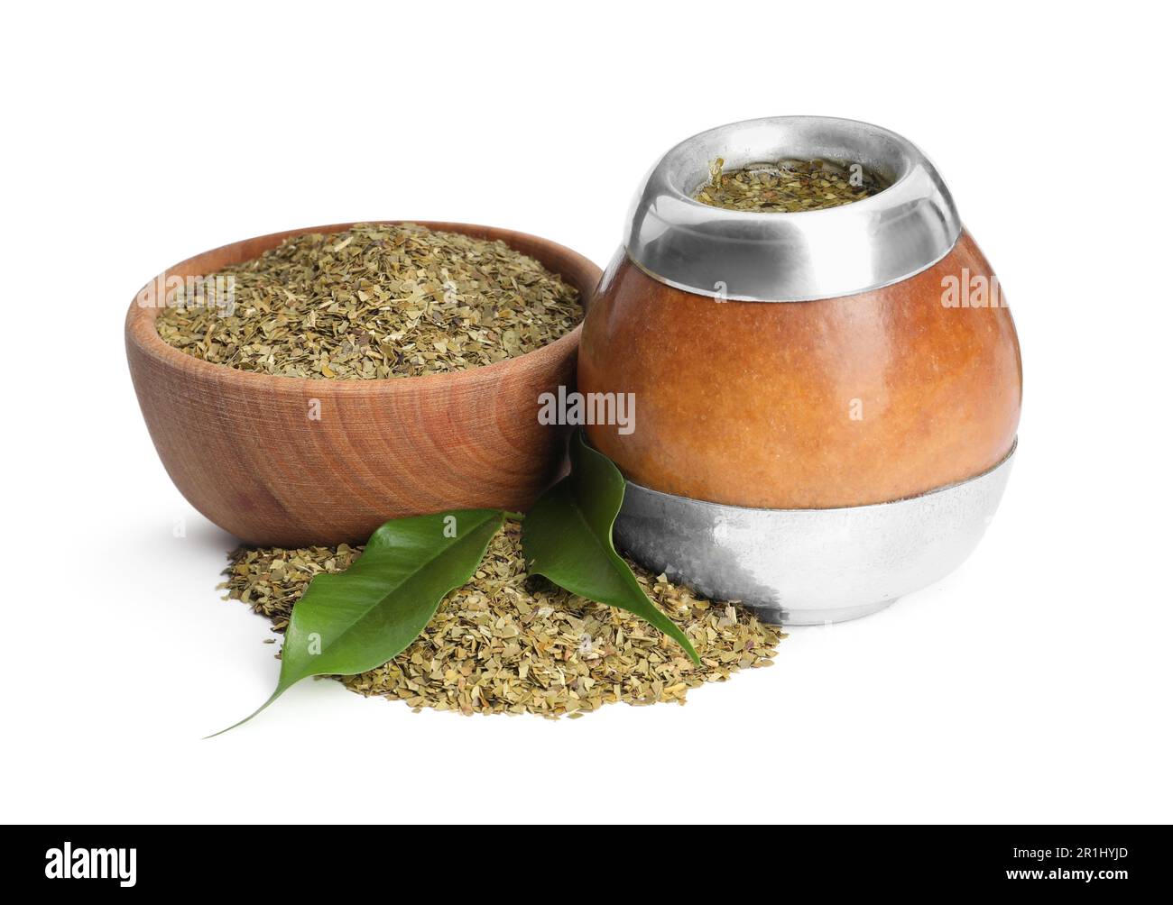 Calabash and bowl with mate tea on white background Stock Photo - Alamy