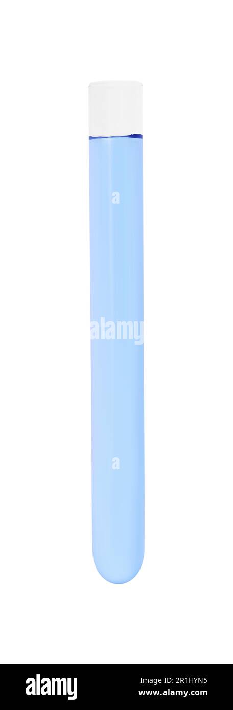 Test tube with light blue liquid isolated on white Stock Photo - Alamy