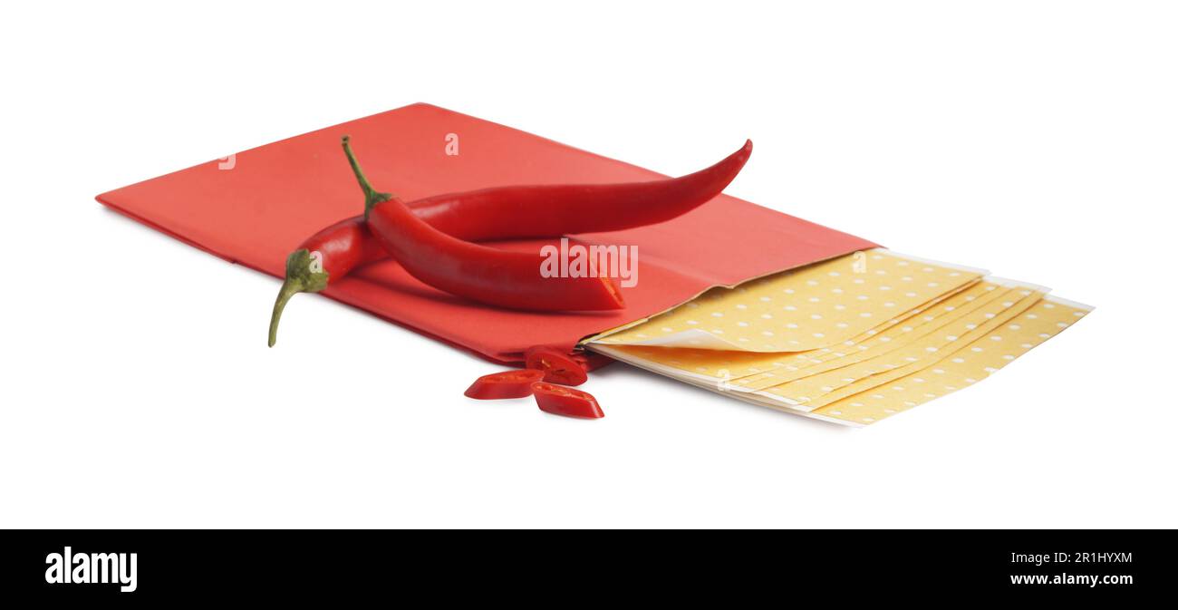 Pepper plasters in package and chili isolated on white Stock Photo - Alamy