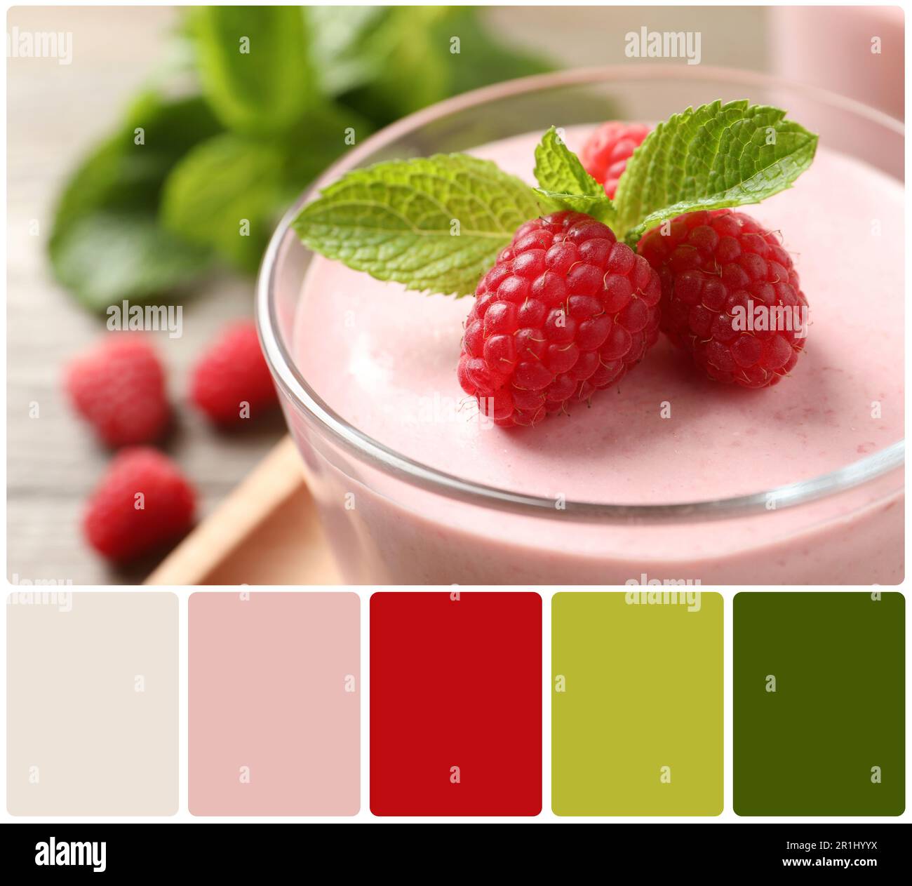 Closeup view of glass with delicious raspberry mousse and color palette ...