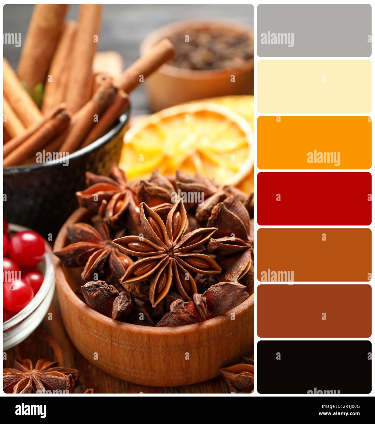 Different mulled wine ingredients on table and color palette. Collage ...