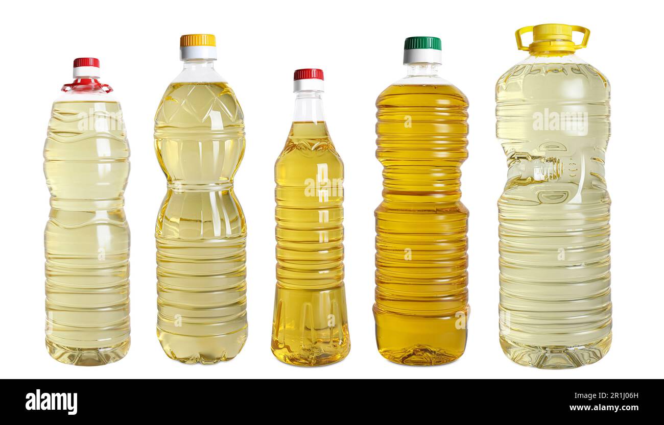 Set with different bottles of cooking oils on white background Stock ...
