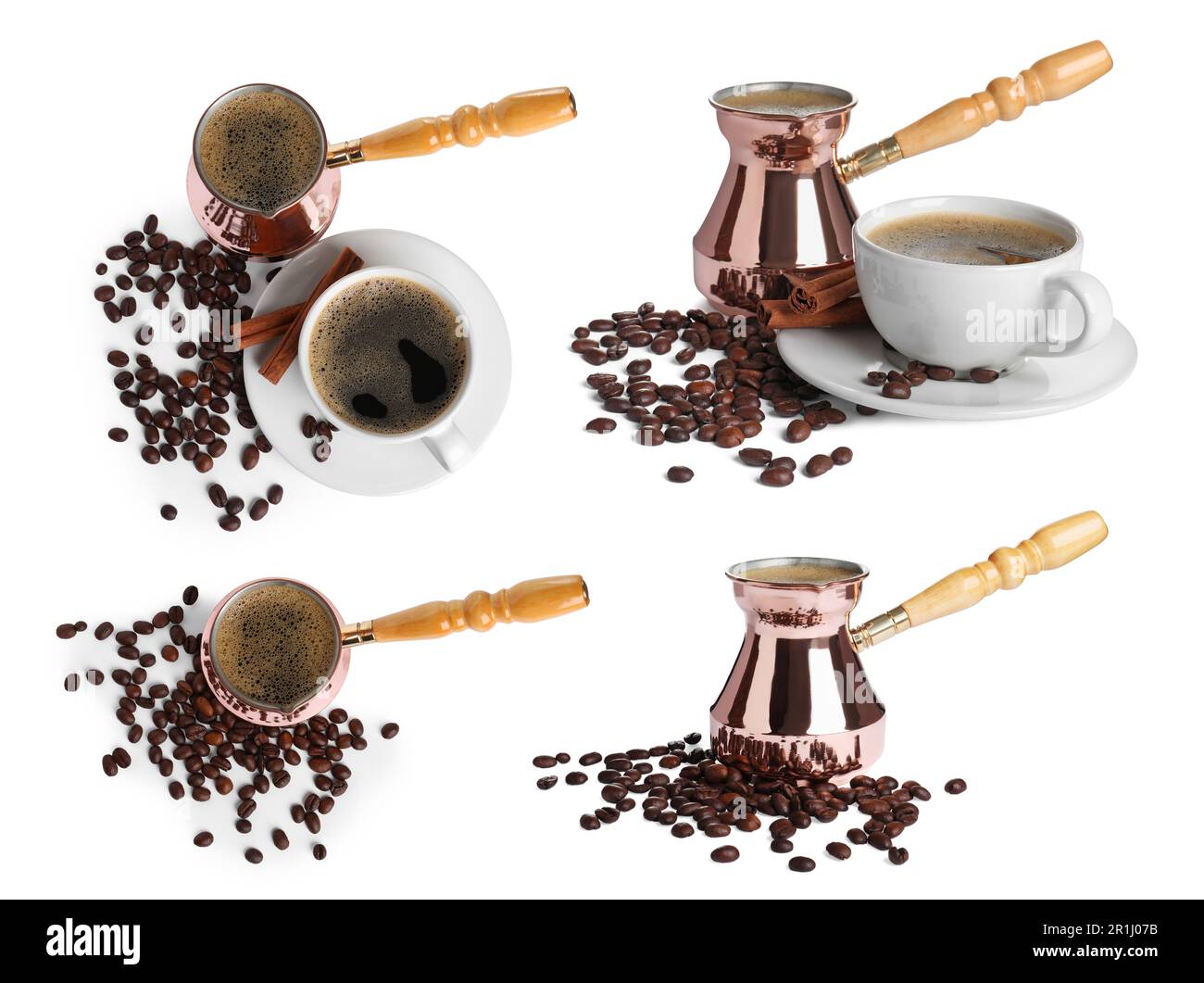 Set with turkish coffee pots (cezve) with hot coffee and beans on white ...