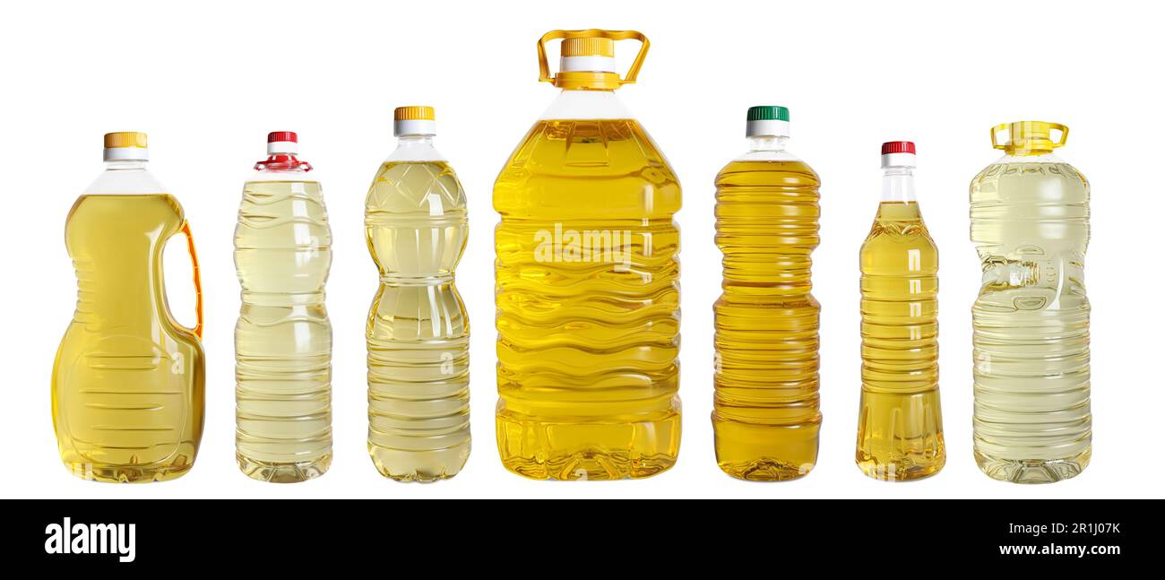 Set with different bottles of cooking oils on white background. Banner ...