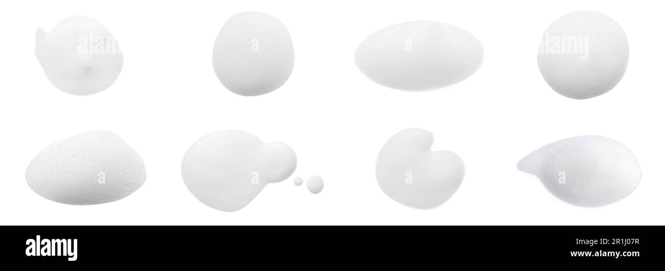 Set with drops of fluffy soap foam on white background. Banner design ...