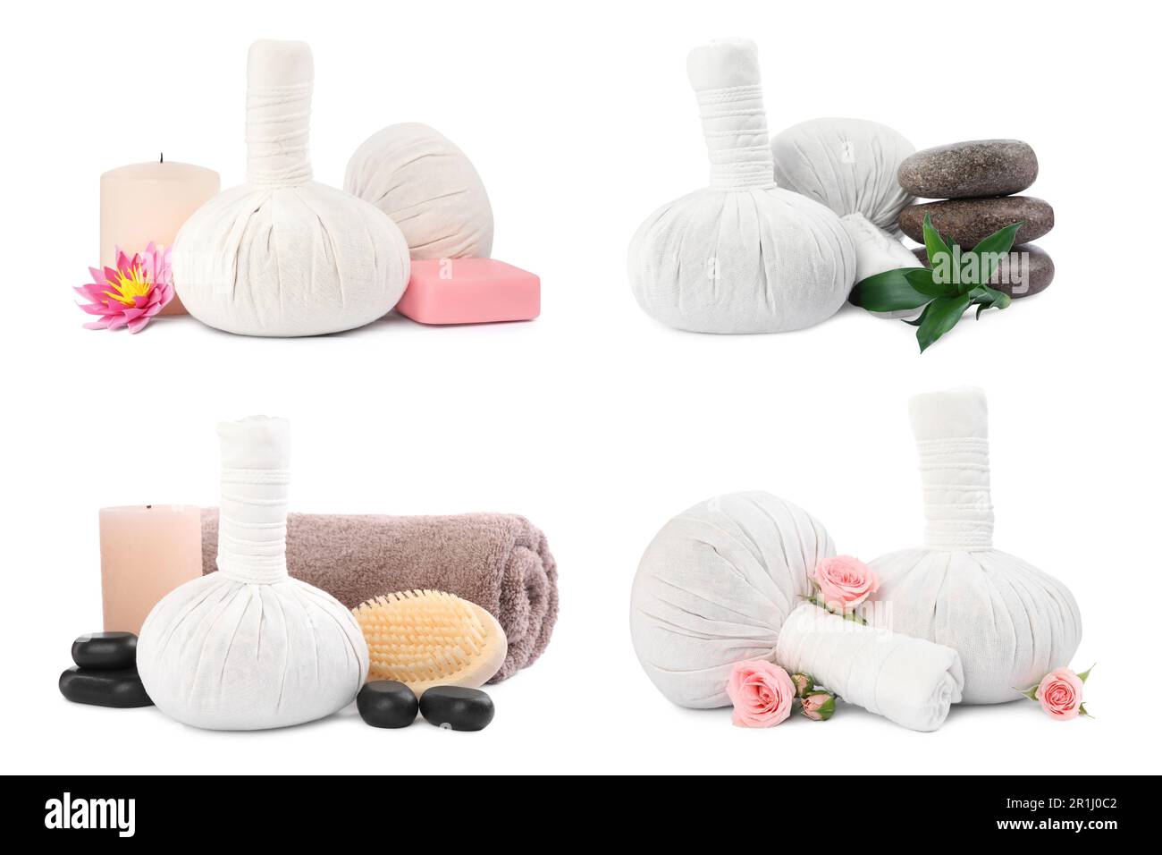 Set with herbal massage bags and different spa supplies on white ...