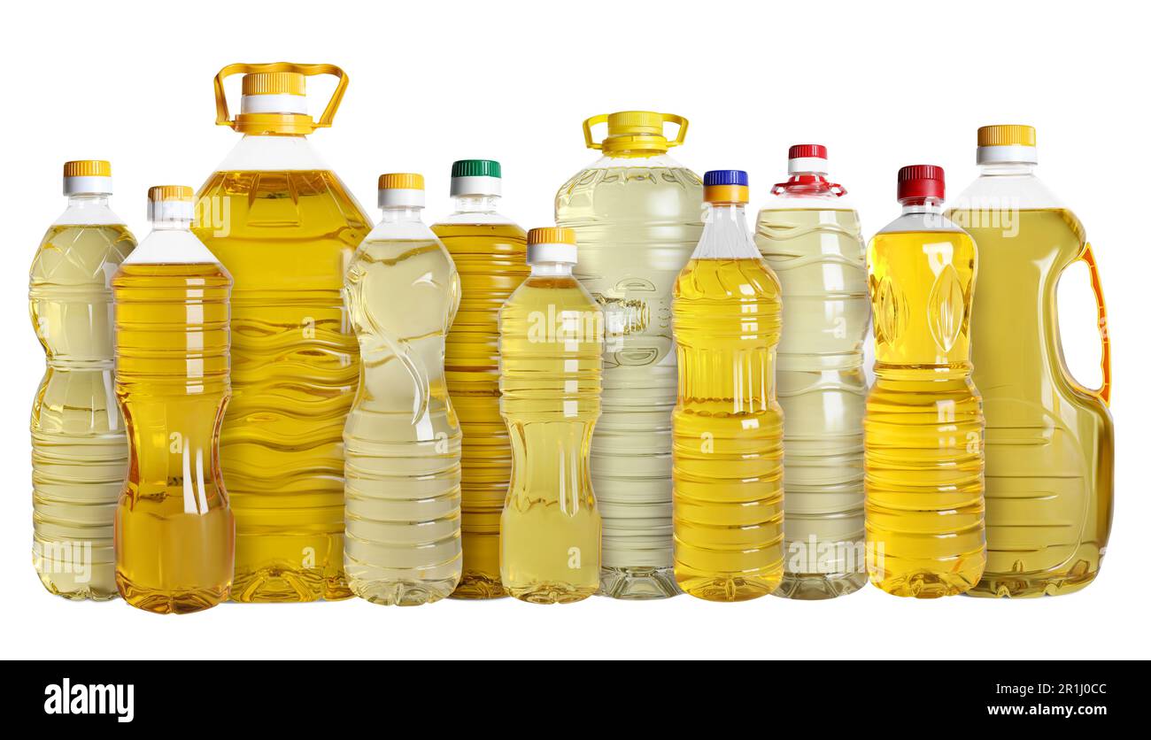 Set with different bottles of cooking oils on white background Stock ...