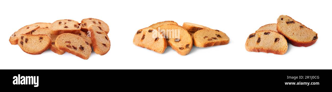 Set with sweet hard chuck crackers with raisins on white background ...
