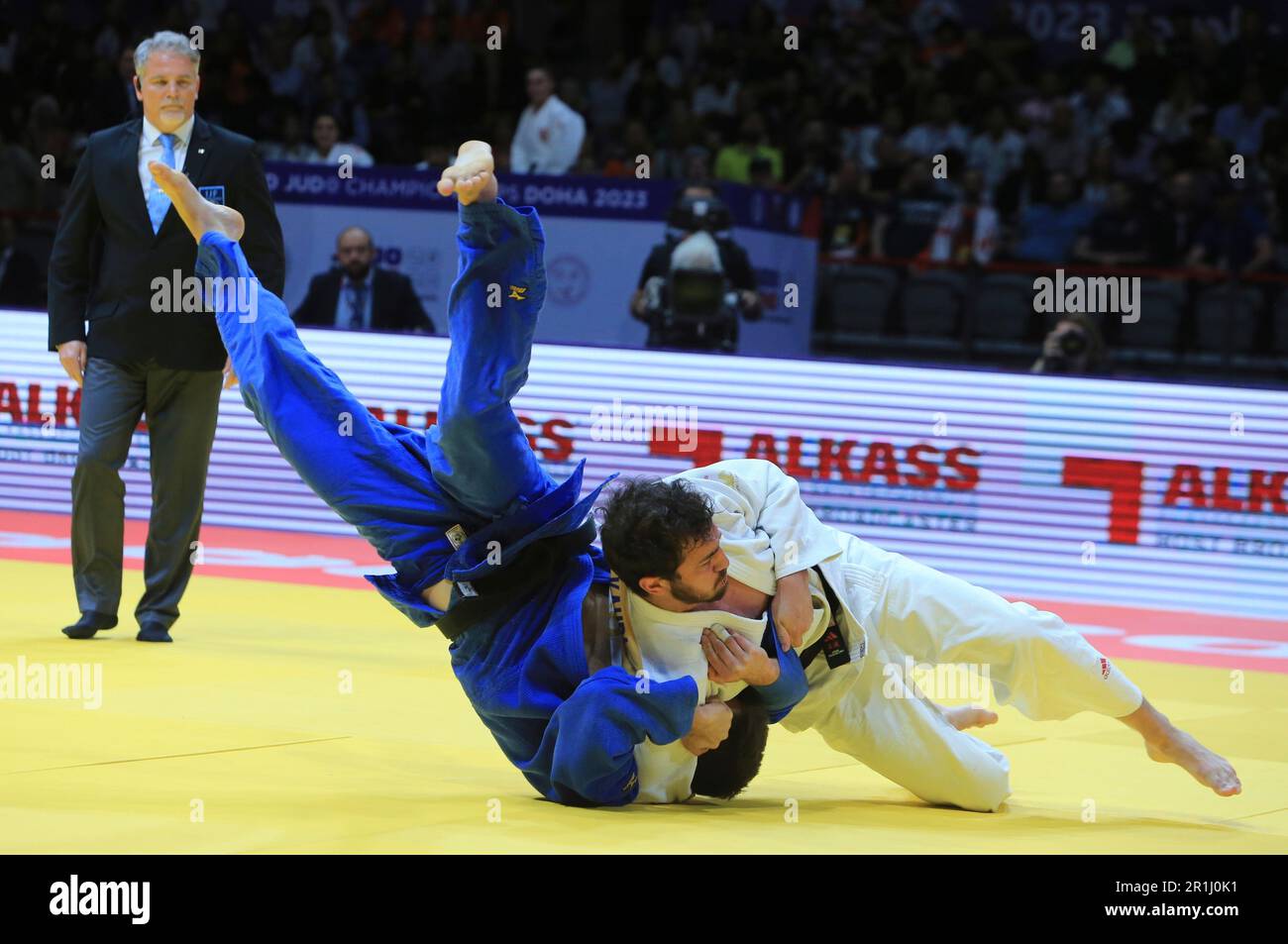 Martin Matijass of Germany, in blue, and Lasha Bekauri of Georgia ...