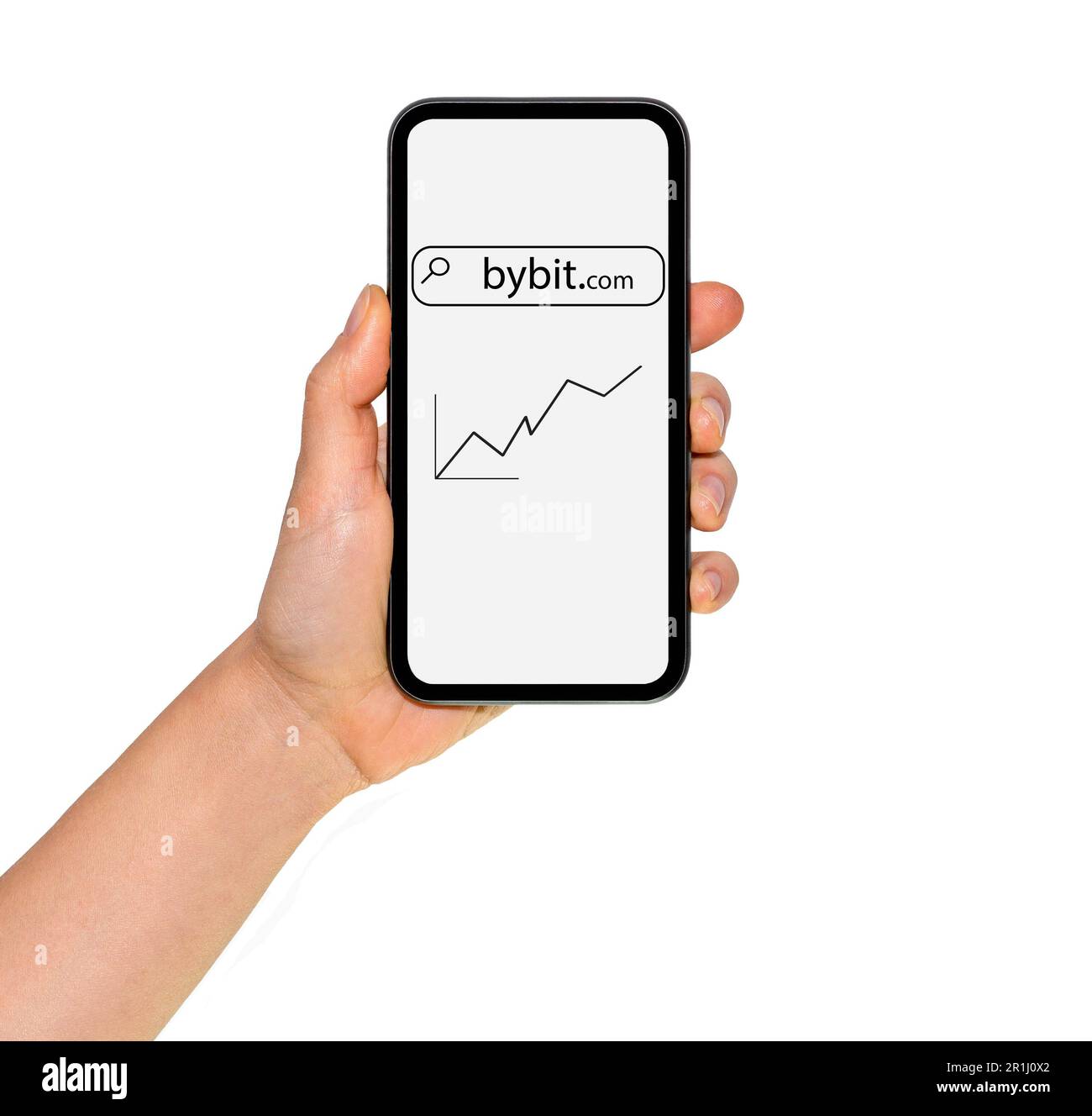 Word Bybit in search box on touch screen of mobile phone in hand close ...