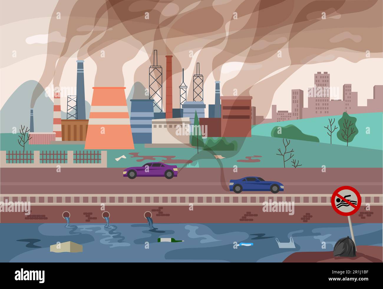 Vector background with environmental pollution. Factory plant smokes ...