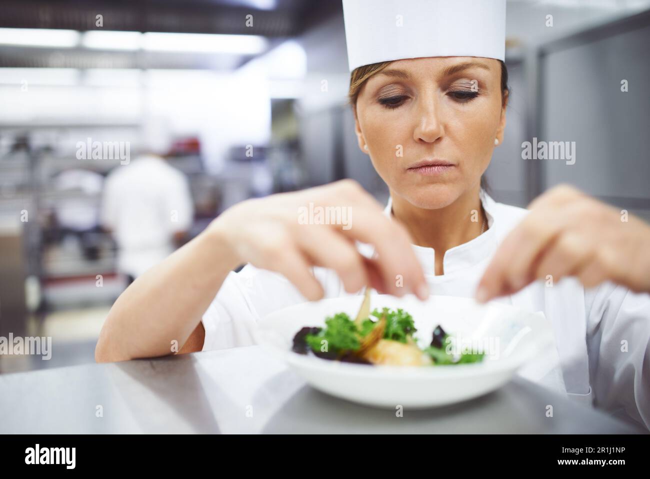 Highlighting the key ingredient. a chef putting the final touches on a ...