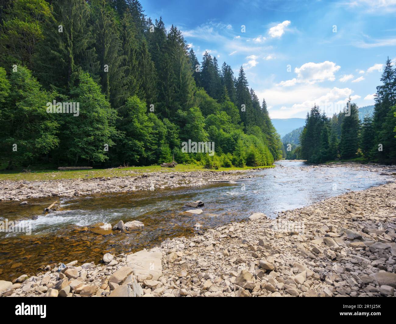 mountain landscape with river. green environment background Stock Photo ...