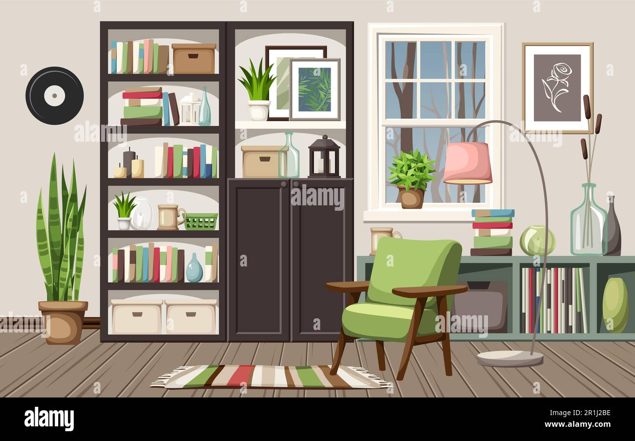 Living room interior design with black bookcases, an armchair, a ...