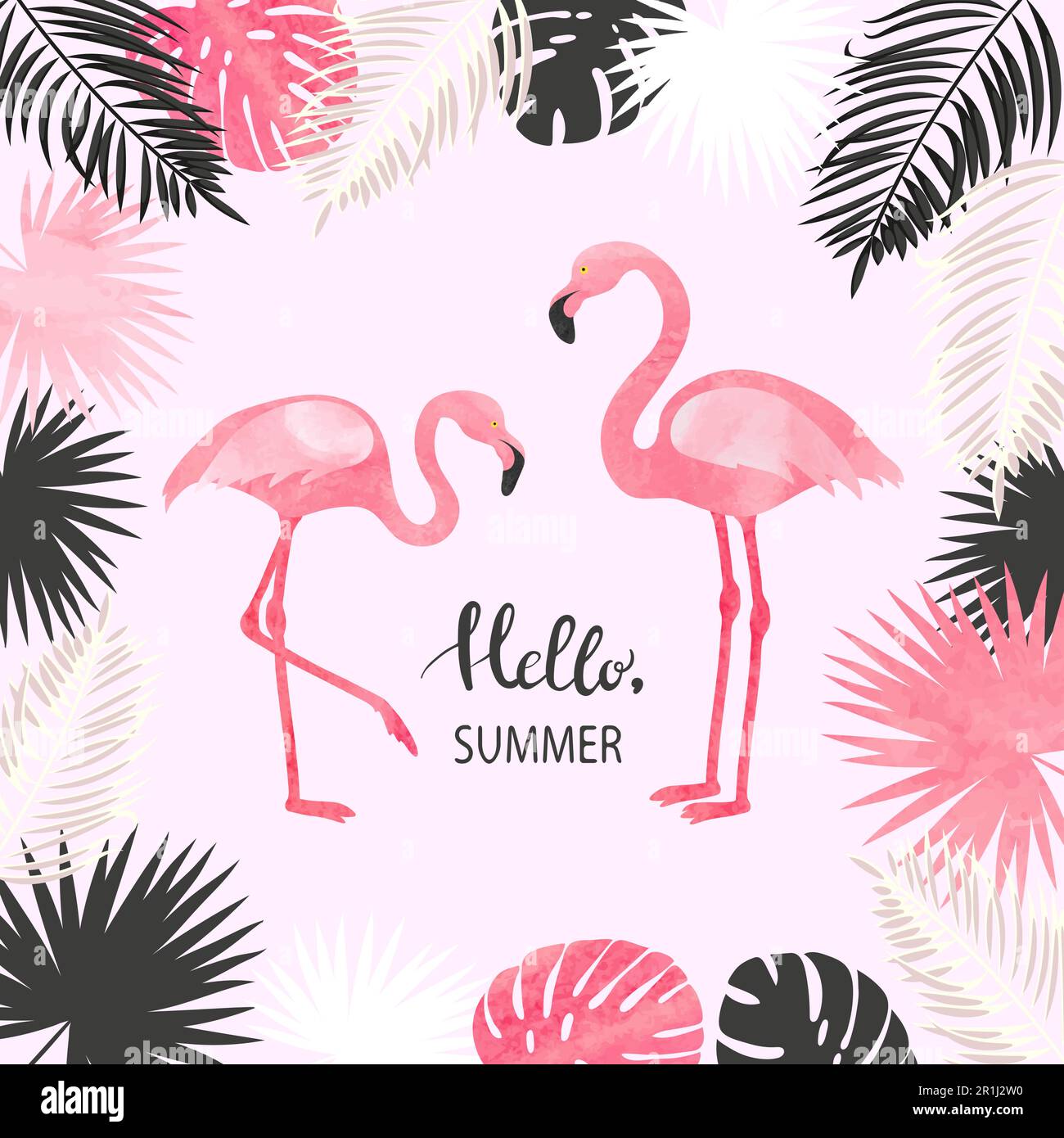 Summer tropical vector illustration with watercolor flamingo and palm ...