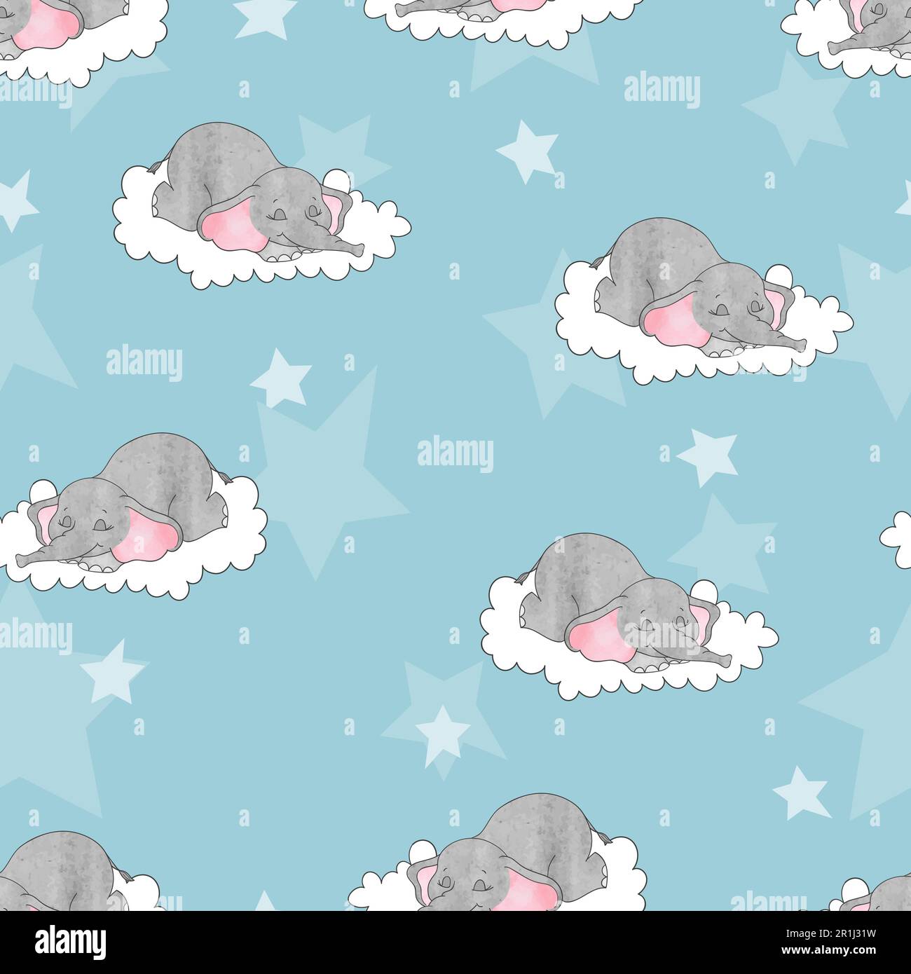 Seamless pattern with cute sleeping baby elephants on the clouds ...