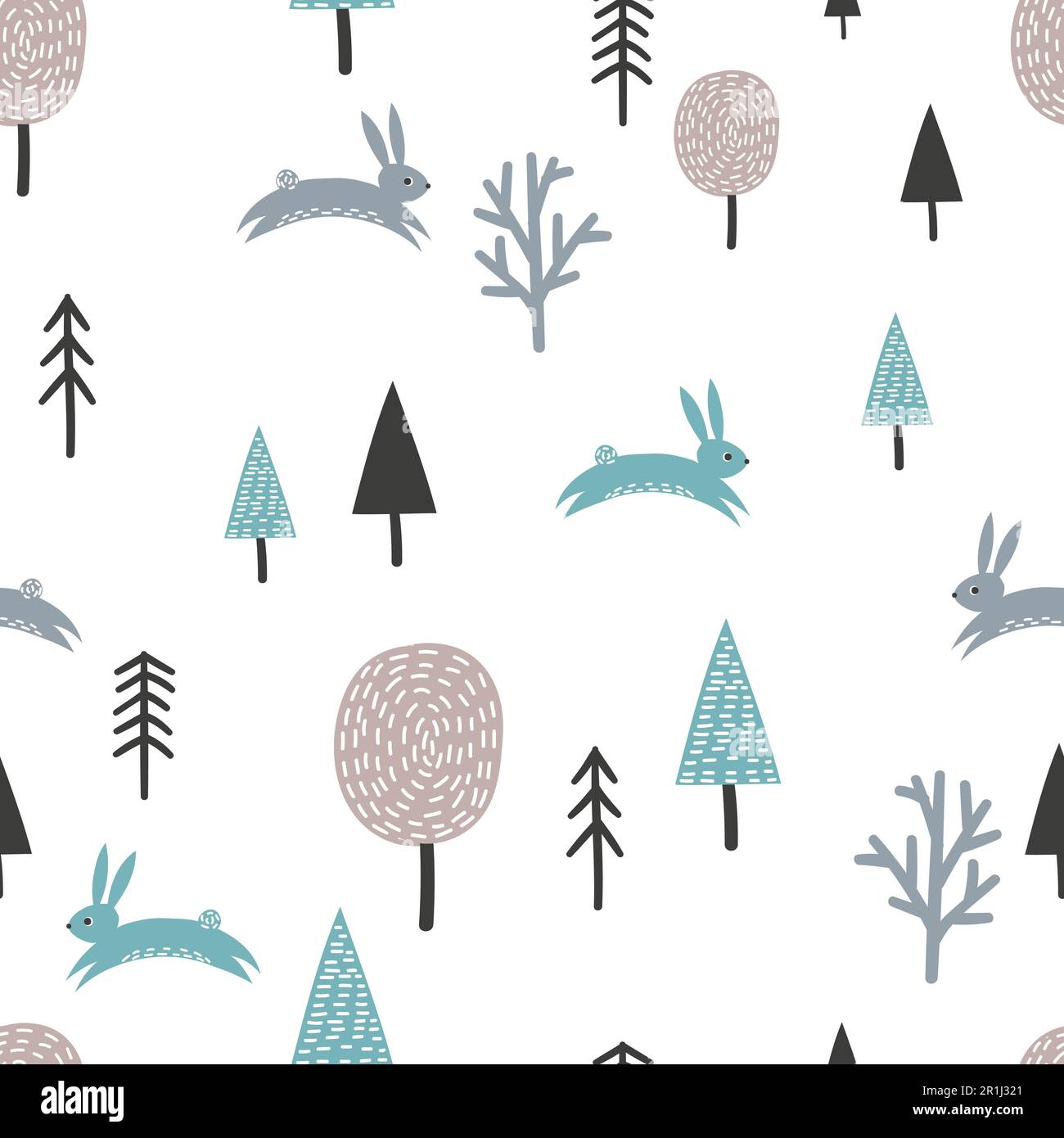 Scandinavian seamless pattern with cute rabbits and trees. Vector ...