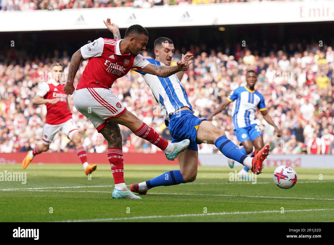 Arsenal’s Gabriel Jesus (left) shoots towards goal during the Premier ...
