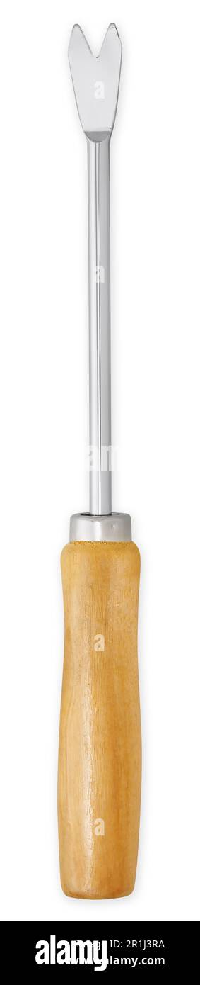 Garden weed removal hand tool with wooden handle. Top view isolated on ...