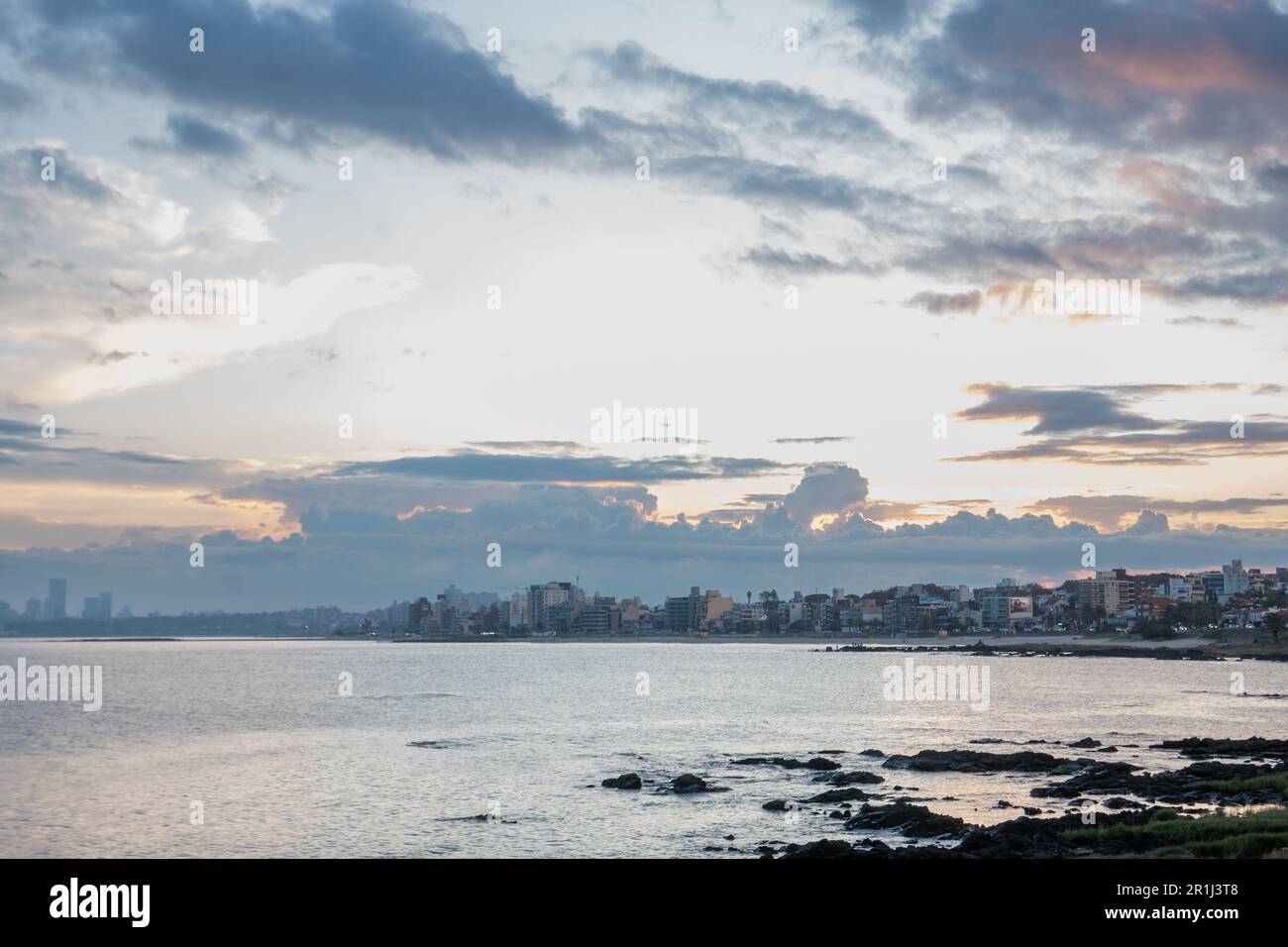 Sunset in the coastal street called Rambla in Montevideo capital of ...