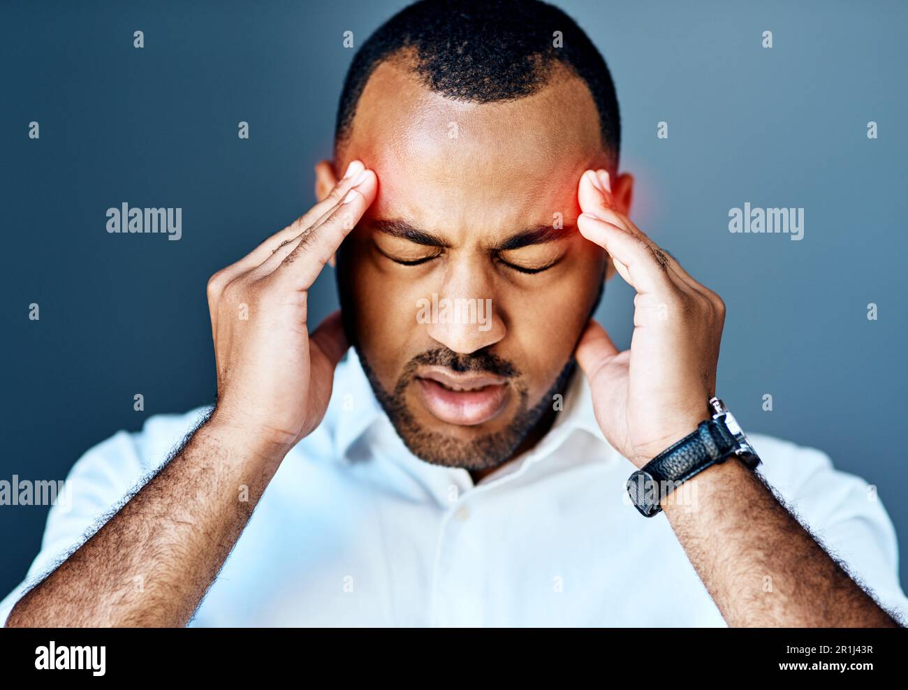 Professional man, headache and stress with red overlay, mental health ...