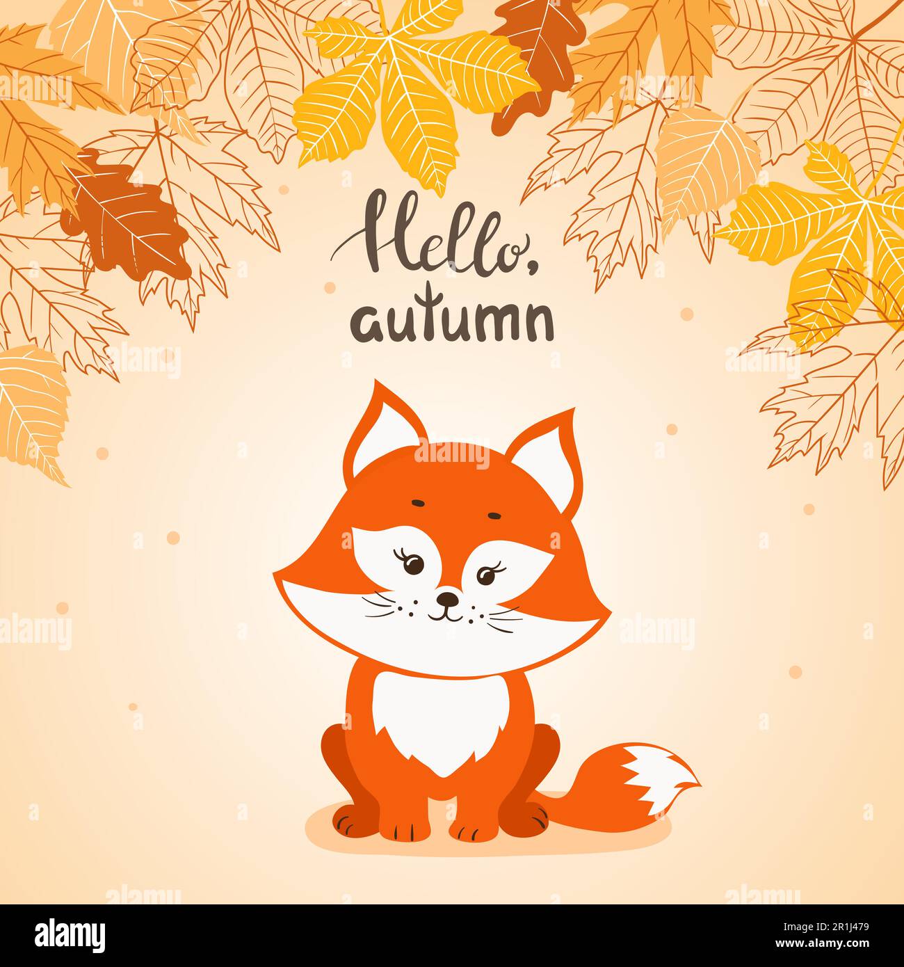 Hello Autumn card design with cute little fox. Vector illustration ...