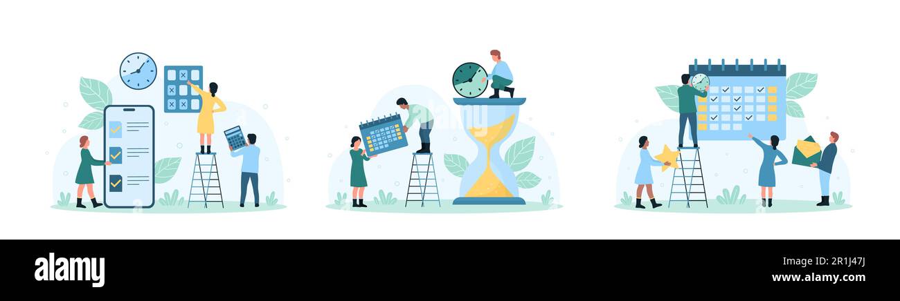 Time management set vector illustration. Cartoon tiny people schedule ...