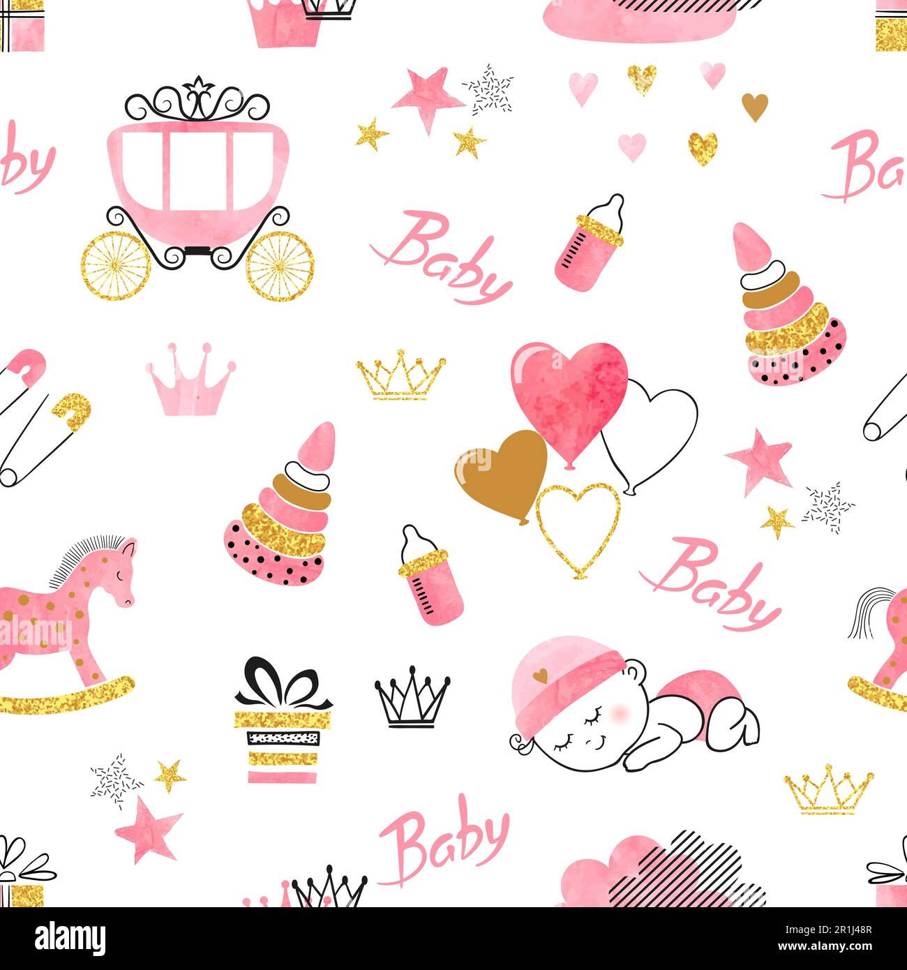Baby Shower girl seamless pattern. Vector watercolor kids background ...