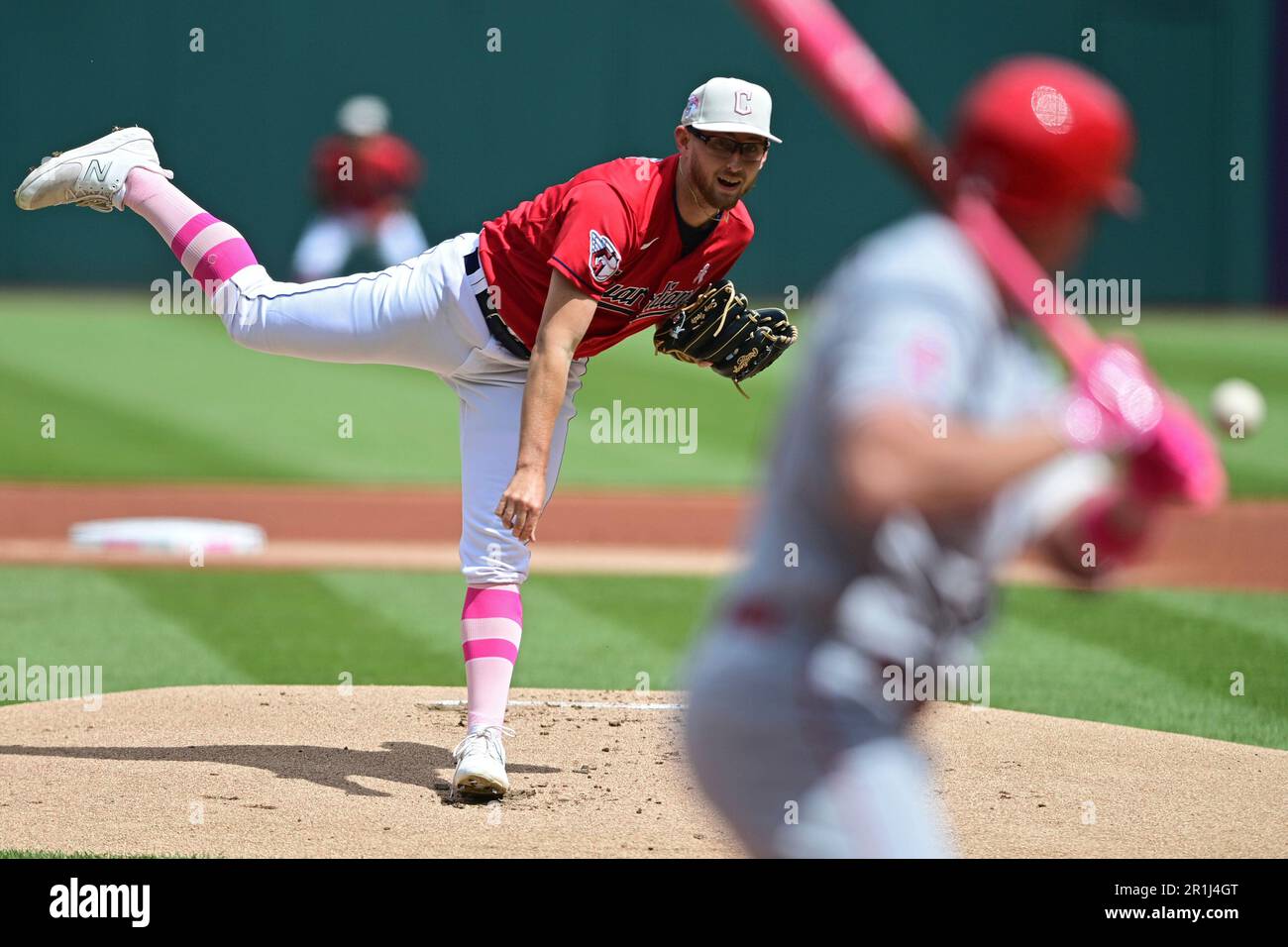Cleveland Guardians starting pitcher Tanner Bibee delivers to Los ...