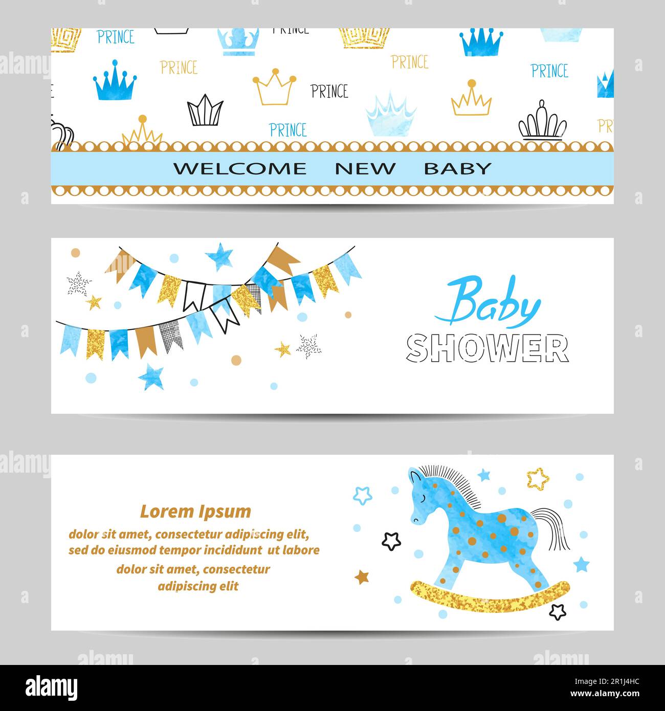 Baby Shower boy banners vector set in blue and golden colors Stock ...