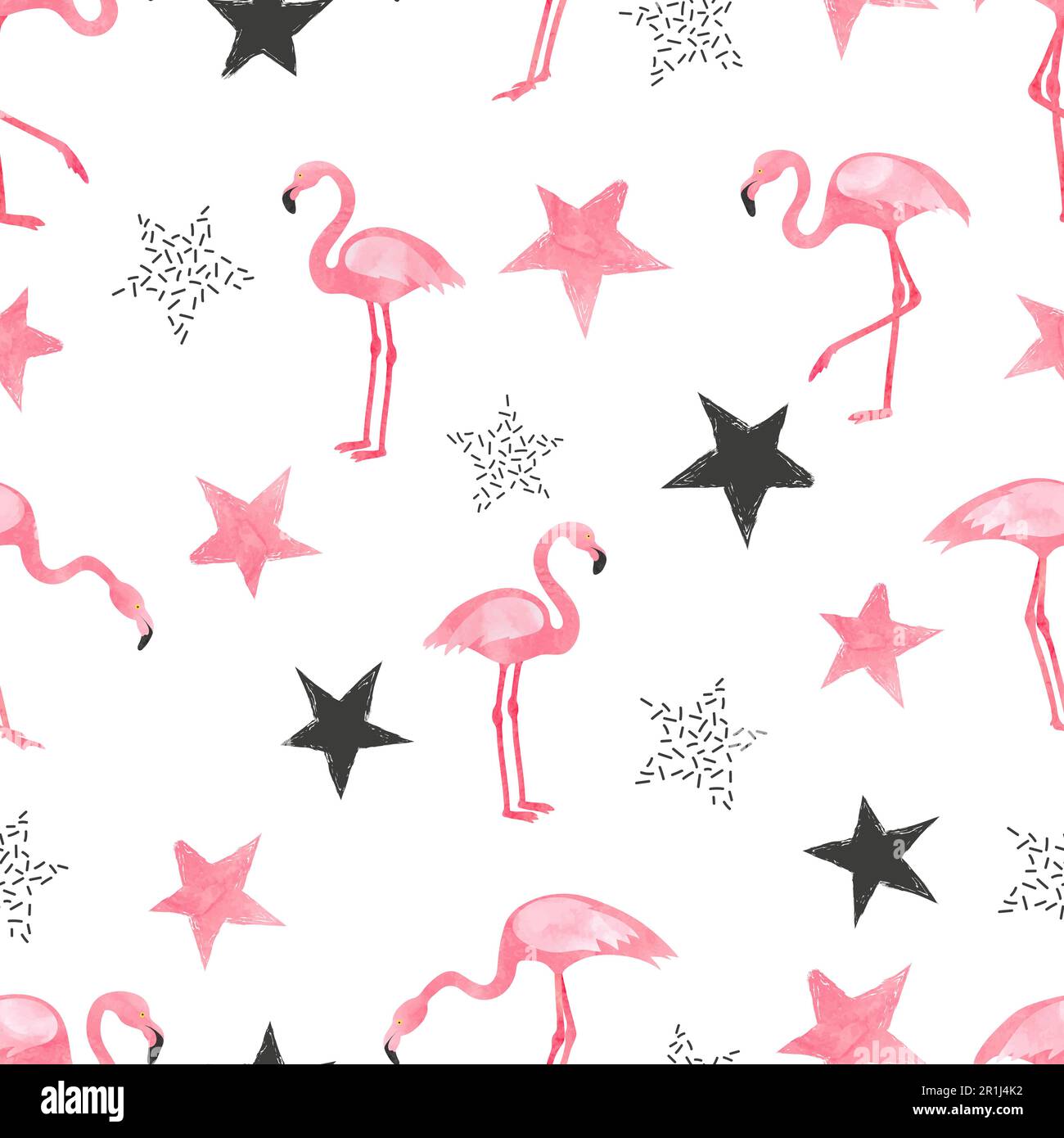 Seamless trendy pattern with watercolor flamingo and stars. Vector ...