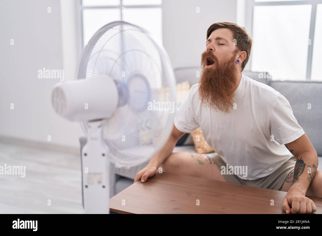Young redhead man sitting on sofa using fan at home Stock Photo - Alamy