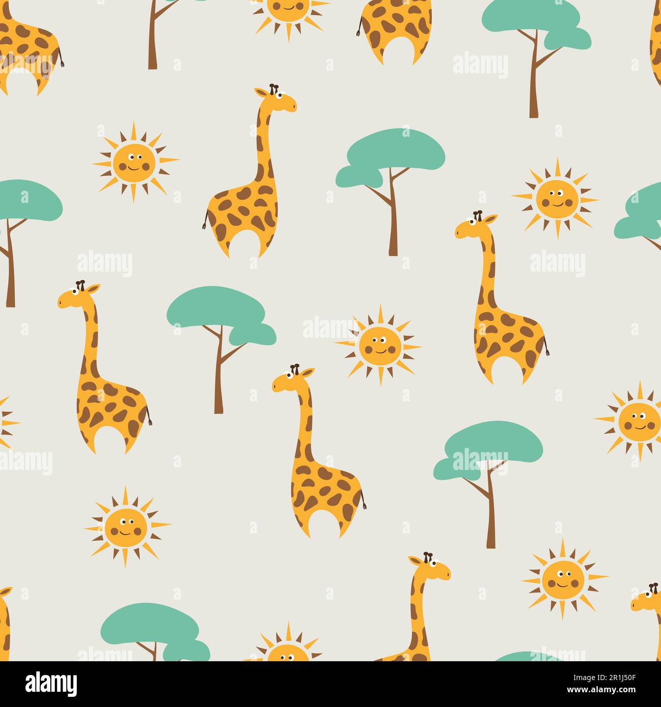 Seamless vector pattern with cute cartoon giraffe, tree and sun Stock ...