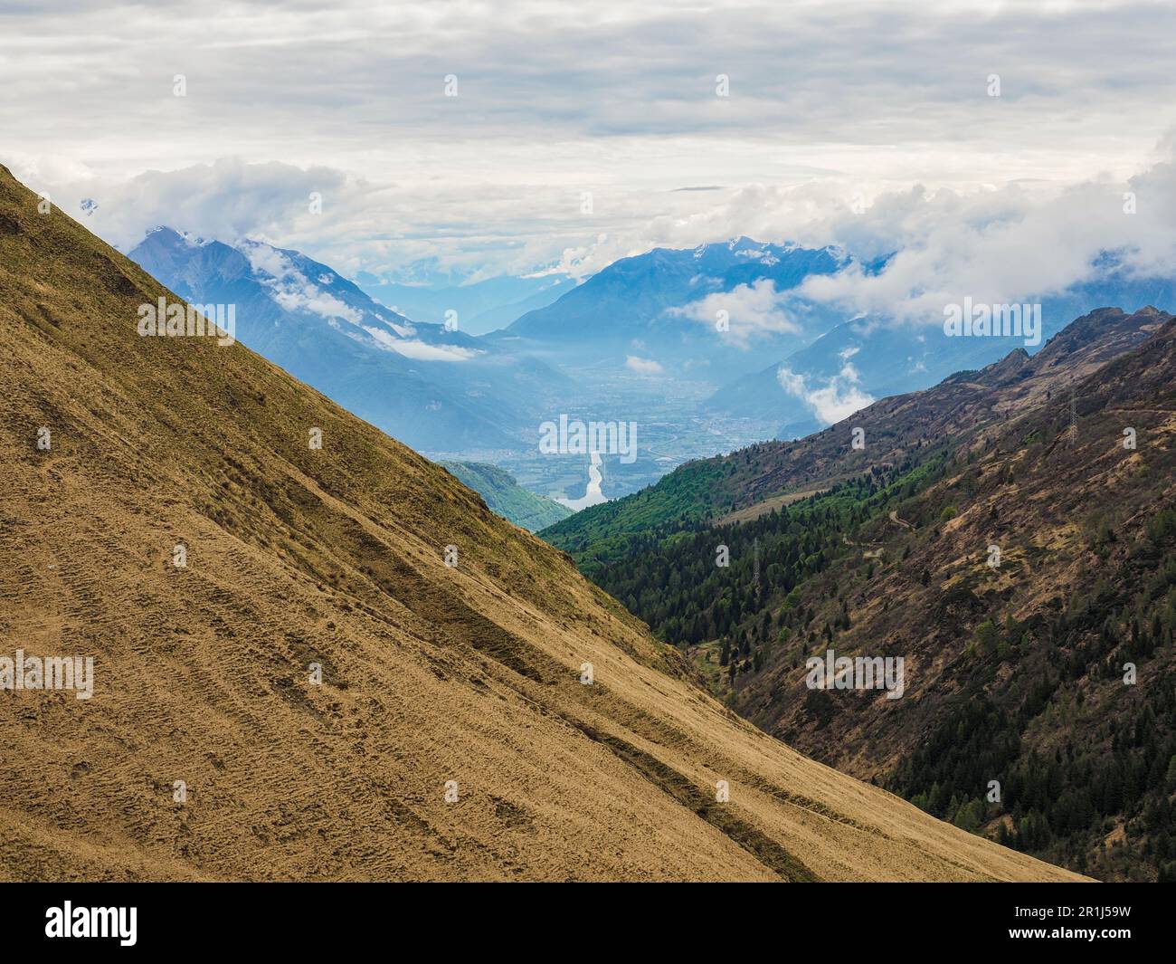 View of Adda River from San Jorio Pass in the alps of Lake Como Stock ...