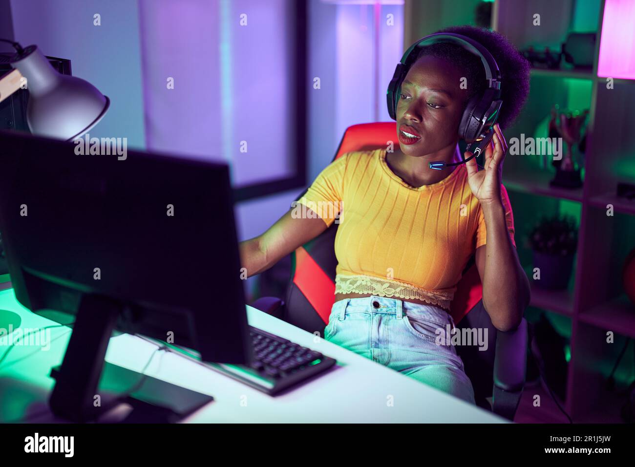 African american woman streamer using computer at gaming room Stock ...