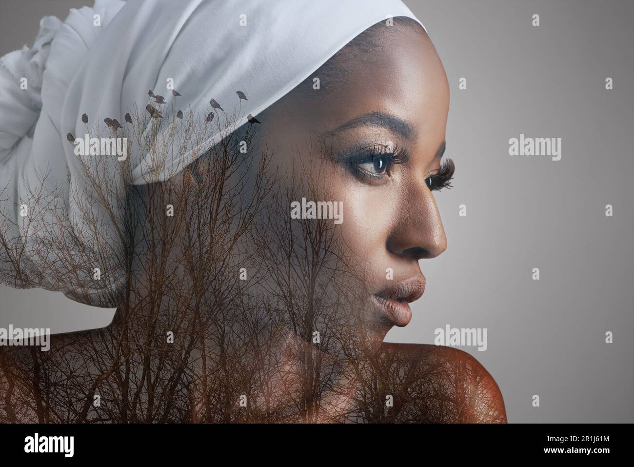 Beauty, double exposure and profile of black woman in studio for ...