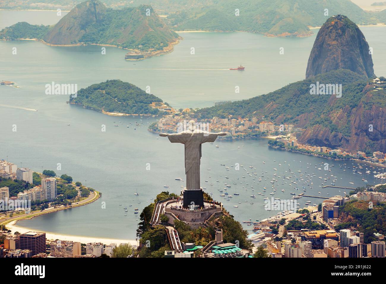 Brazil landscape, city and Christ the Redeemer on hill for tourism ...