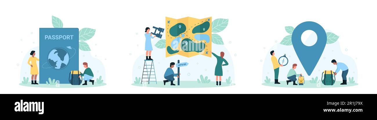 Travel planning set vector illustration. Cartoon tiny people plan route ...